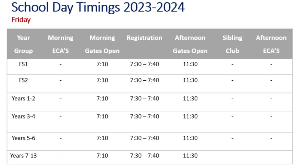 School Day Timings 2023-2024